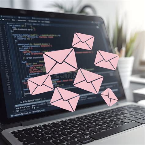 Laptop Screen Shows Code With Floating Pink Email Icons Symbolizing