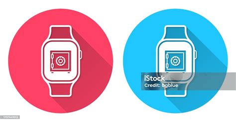 금고가 있는 스마트워치 빨간색 또는 파란색 배경에 긴 그림자가 있는 둥근 아이콘 개념에 대한 스톡 벡터 아트 및 기타 이미지 개념 그림자 금고 보안 장비 Istock