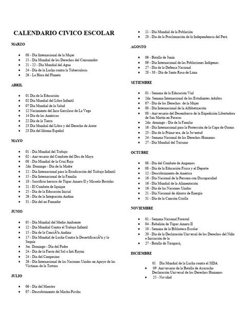 Calendario Civico Escolar Pdf América Del Sur Perú