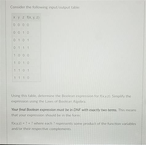 solved consider the following input output table x y z f x
