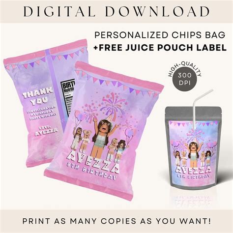 Roblox Girl Chips Bag Label Free Juice Pouch Label Printable Party Favors Digital Download