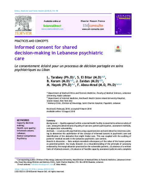 Pdf Informed Consent For Shared Decision Making In Lebanese Psychiatric Care