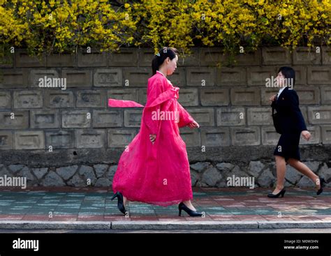 North Korean Women With Traditional And Modern Clothes In The Street