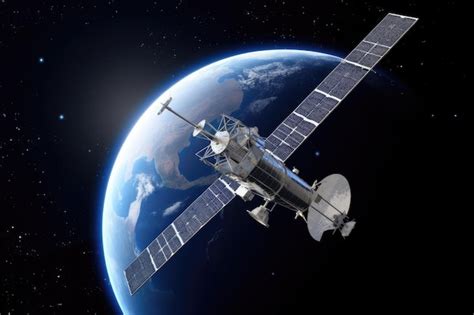 Premium Ai Image Futuristic Communication Satellite In Orbit Around Earth Generative Ai