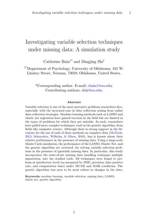 Pdf Investigating Variable Selection Techniques Under Missing Data