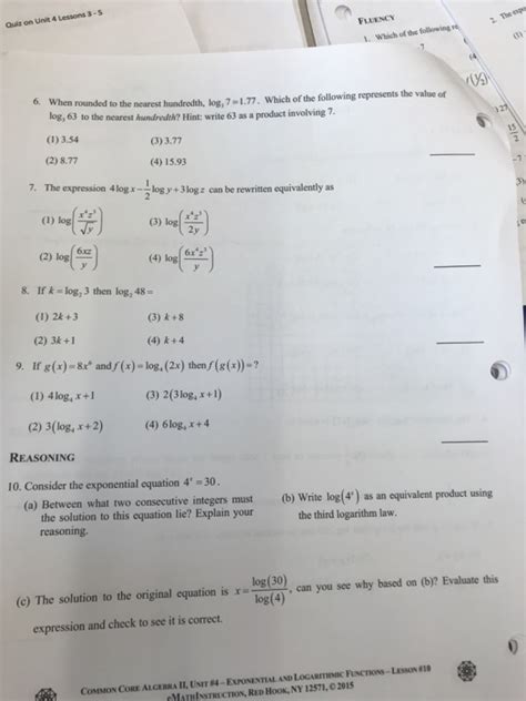 Solved Name Date Logarithm Laws Common Core Algebra Ii