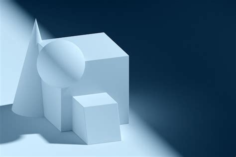 그림자가 있는 흑백 기하학적 모양이 있는 3d 그림 클래식 정물평행육면체 큐브 원뿔 공 프리미엄 사진