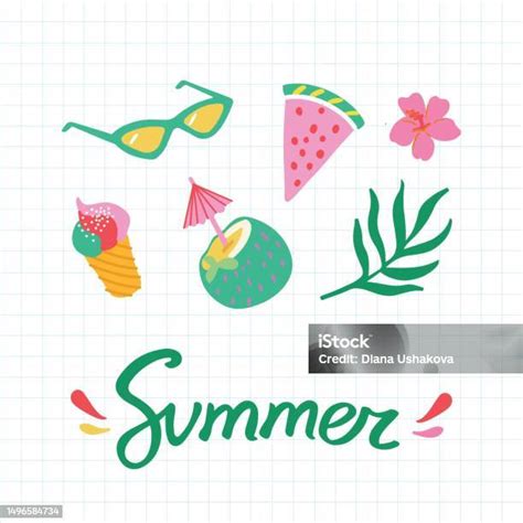 트렌디 한 여름 아이템 세트 타이포그래피가 있는 손으로 그린 Y2k 컨셉 디자인 선글라스 아이스크림 수박 칵테일 격리 클립 아트