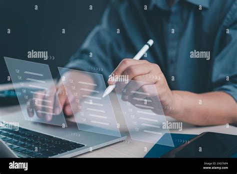 Close Up Of Hands Using A Futuristic Interface For Task Management And Digital Checklist
