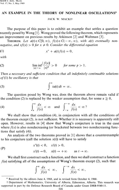 An Example In The Theory Of Nonlinear Oscillations Siam Journal On Applied Mathematics