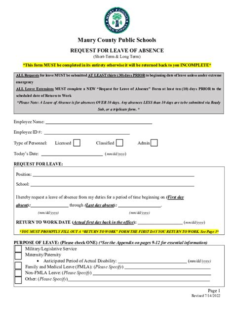Fillable Online Leave Of Absence Loa Request Form Maury Regional