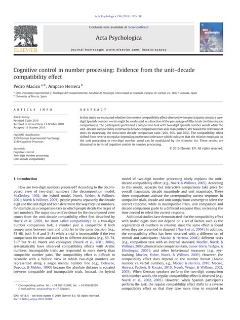 Pdf Cognitive Control In Number Processing Evidence From The Unit Decade Compatibility Effect