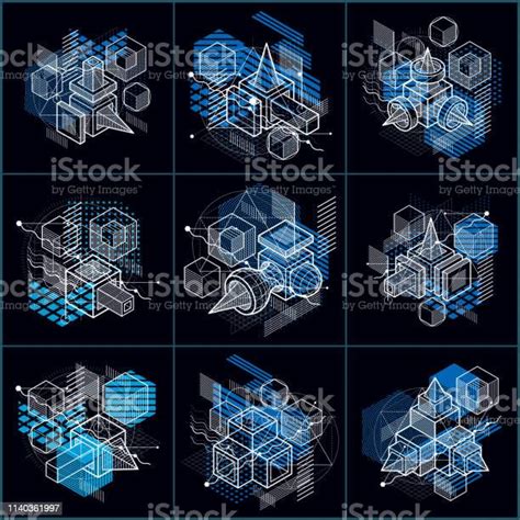 선 및 기타 다른 요소 벡터 추상 템플릿과 아이소메트릭 추상적 인 배경 큐브 육각형 사각형 사각형 및 다른 추상 요소의 조성 물 벡터 집합입니다 0명에 대한 스톡 벡터 아트