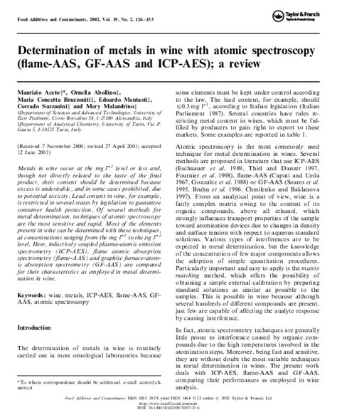 Pdf Determination Of Metals In Wine With Atomic Spectroscopy Flame Aas Gf Aas And Icp Aes
