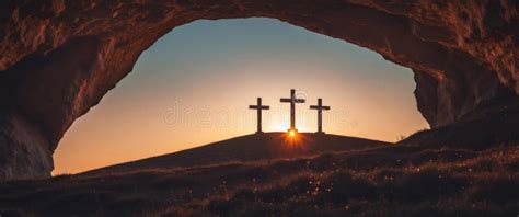 Three Crosses On Calvary Hill At Sunrise Viewed From Inside The Empty