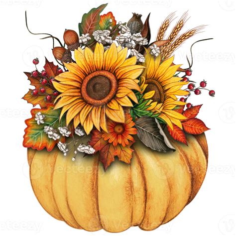 Watercolor Fall Composition With Pumpkin Sunflowers Dry Herbs