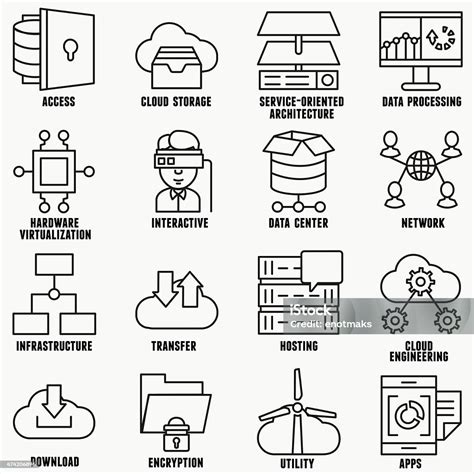 Set Of Vector Linear Cloud Computing Icons Stock Illustration Download Image Now 2015