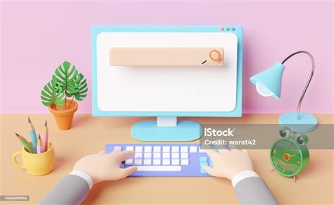 빈 검색 창 확대 램프 커피 컵 분홍색 배경에 격리된 시계가 있는 테이블에 노트북 컴퓨터를 사용하는 사업가 또는 웹 브라우징 개념 3d 그림 또는 3d 렌더링 3차원 형태에