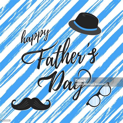 행복 한 아버지의 날 엽서 평면 스타일 디자인 벡터 일러스트 레이 션 흰색 배경에 고립 문자 단어 안경 모자 브러시 스트로크 넥타이와 콧수염슈퍼 아빠의 상징 0명에 대한