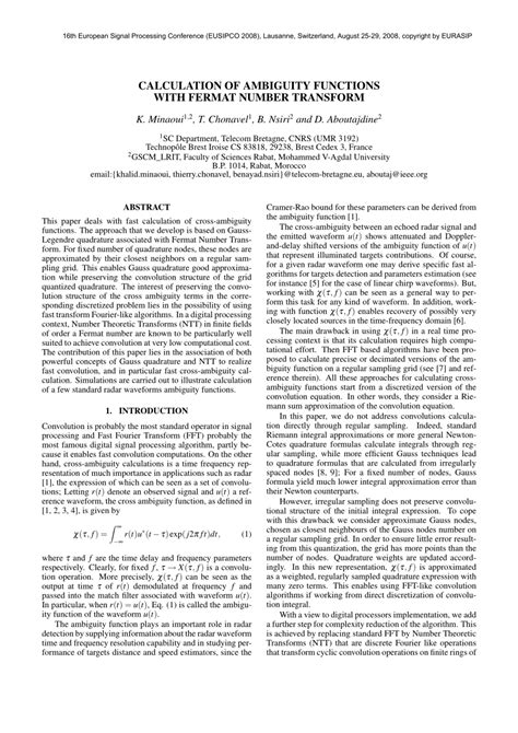 Pdf Calculation Of Ambiguity Functions With Fermat Number Transform