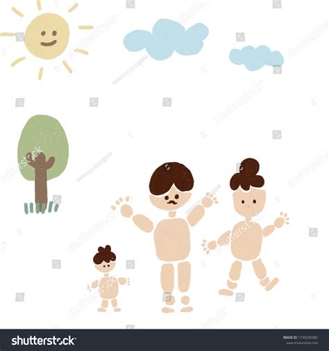 Kid Drawing Style Naked Family Cartoon ภาพประกอบสตอก