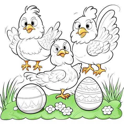 Cartoon Chickens And Chicks With Easter Eggs Coloring Book Page Easter Chick Easter Chicken