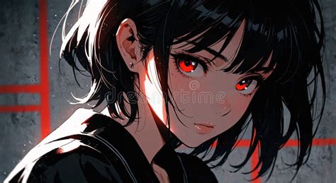 A Beautiful Anime Girl With Short Black Hair And Glowing Red Eyes Looks