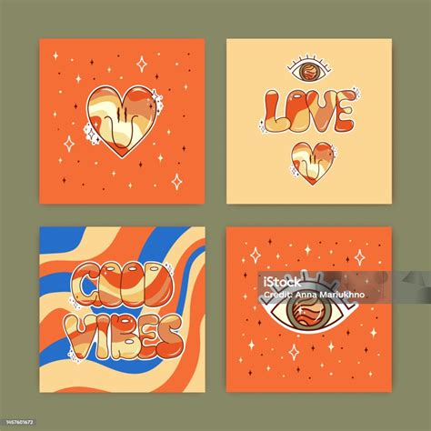 그루비 포스터 세트 70년대 복고풍 엽서 히피와 보헤미안 스타일 1960 1969 년에 대한 스톡 벡터 아트 및 기타 이미지 1960 1969 년 1970 1979 년