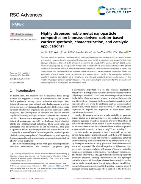 Pdf Highly Dispersed Noble Metal Nanoparticle Composites On Biomass Derived Carbon Based