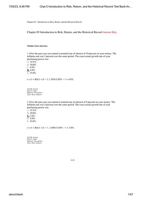 Solution Chpt 5 Introduction To Risk Return And The Historical Record Test Bank Answer Key