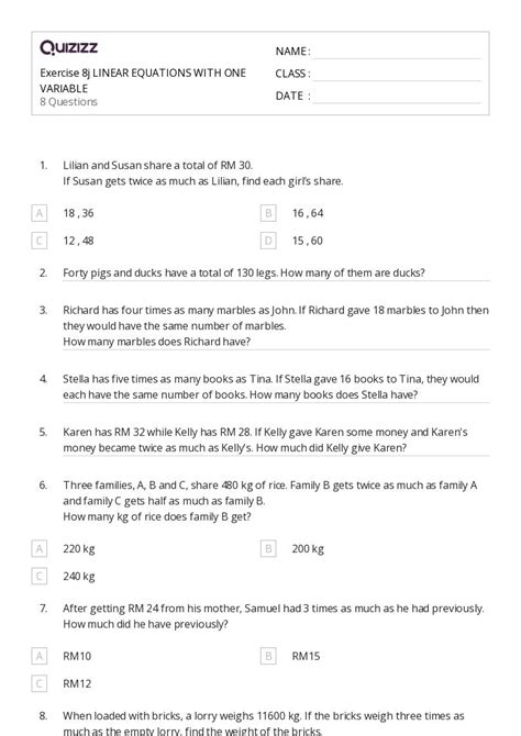 50 One Variable Equations Worksheets For Kindergarten On Quizizz