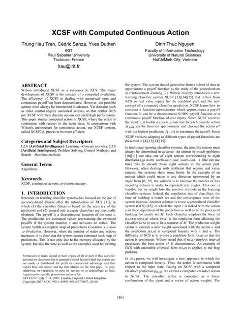 Pdf Xcsf With Computed Continuous Action