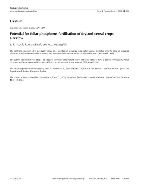 Pdf Potential For Foliar Phosphorus Fertilisation Of Dryland Cereal