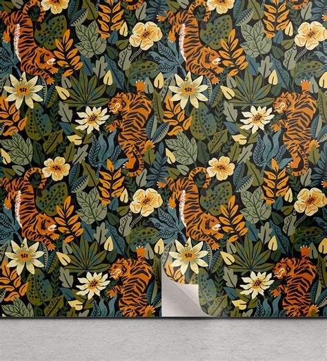 Ambesonne Jungle Boho Peel And Stick Wallpaper For Home Tiger And Flora Patter 13x72 Peacock