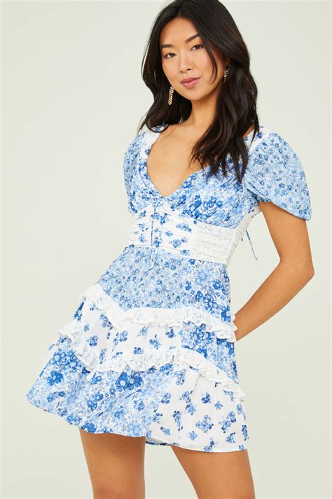 Aderny Patchwork Floral Dress In White And Blue Altard State