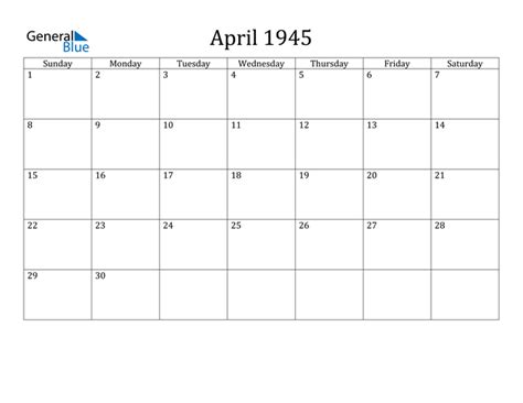 April 1945 Calendar Pdf Word Excel