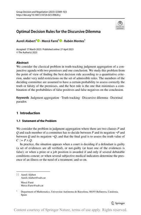 Pdf Optimal Decision Rules For The Discursive Dilemma