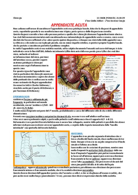Appendicite Acuta Appunti Chirurgia 13 Sbob Pomata 21 04 1°ora