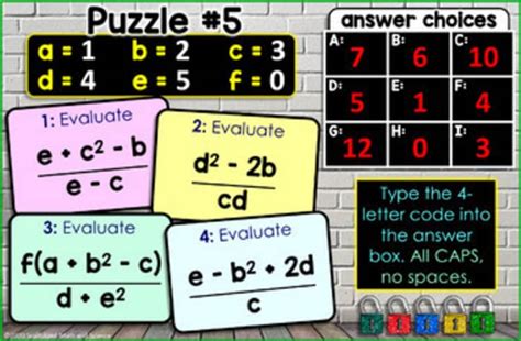 Evaluating Algebraic Expressions Digital Math Escape Room Activity