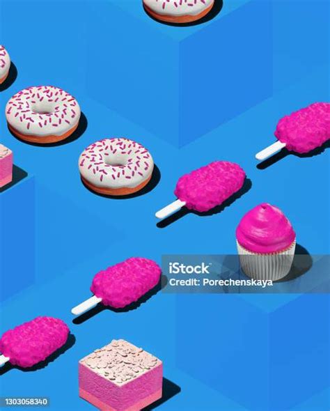 세부 사항에서 최소한의 음식 지오메트리를 최소화합니다 3d 렌더 씬 달콤한 사탕 믹스 에 이좀트리 블루 세련된 객실 레스토랑 빵집 사탕 가게 음식 배달 컨셉 아트 갈색에