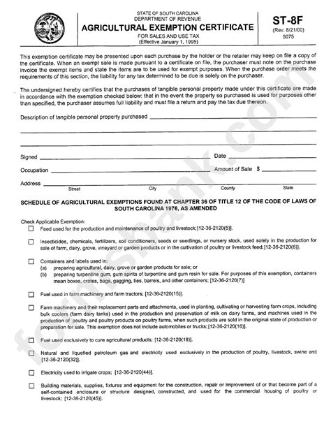 Form St 8f Agricultural Exemption Certificate Printable Pdf Download