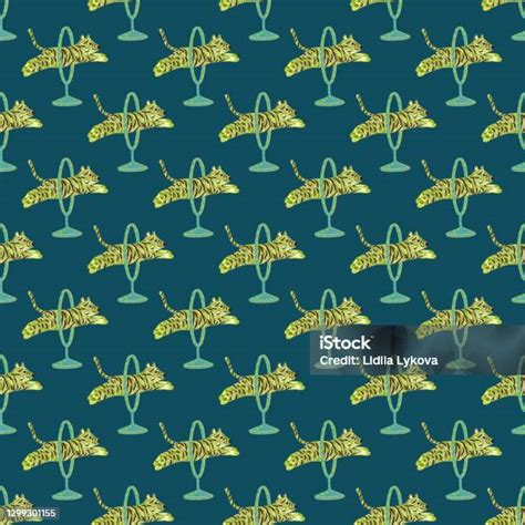 낙서 점프 노란색 호랑이 아크로 반지 인쇄와 야생 고양이 원활한 패턴 네이비 블루 배경 곤색에 대한 스톡 벡터 아트 및 기타 이미지 곤색 낙서 드로잉 날씨 Istock