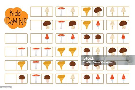 어린이를 위한 도미노 가을 어휘 학습 논리 사고 발달을 위한 재미있는 교육 활동 밝은 버섯 그림 그룹 보드 게임용 인쇄 가능한 워크시트 교사 리소스 0명에 대한 스톡 벡터