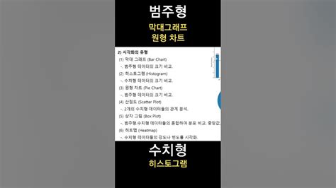 범주형 막대그래프원형차트 수치형 히스토그램 데이터분석 통계 빅데이터분석기사 Youtube