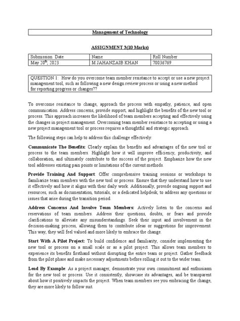 Management Of Technology Assignment 3 Pdf Project Management