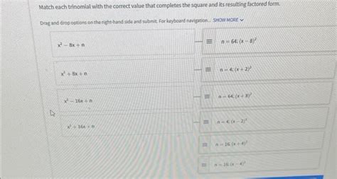solved match each trinomial with the correct value that