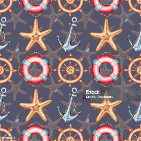 조타 장치 구명 부표 배 닻 불가사리를 가진 바다 이음새가 없는 본 바다 수채화 그림 0명에 대한 스톡 벡터 아트 및 기타