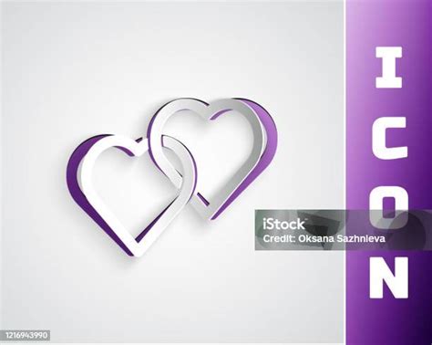 종이 는 회색 배경에 고립 된 두 개의 연결된 하트 아이콘을 잘라 로맨틱 한 상징 연결 가입 열정과 결혼식 해피 여성의 날 종이