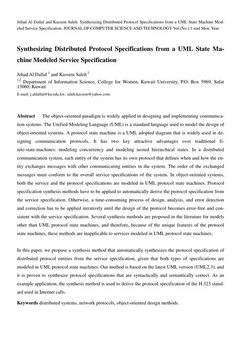 Pdf Synthesizing Distributed Protocol Specifications From A Uml State Machine Modeled Service