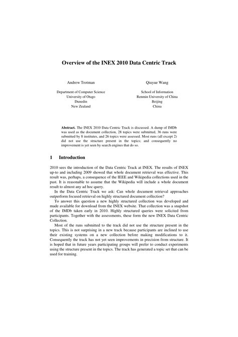 Pdf Overview Of The Inex 2010 Data Centric Track